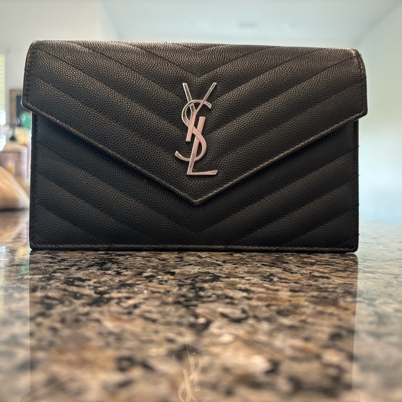 Yves Saint Laurent | Bags | Ysl Black Clutch With Silver Chain | Poshmark